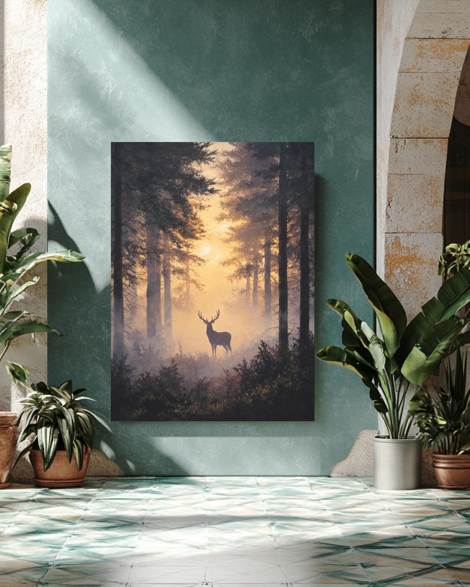 Majestic Stag in Misty Forest Wall Art, Silhouette Among Towering Trees ...