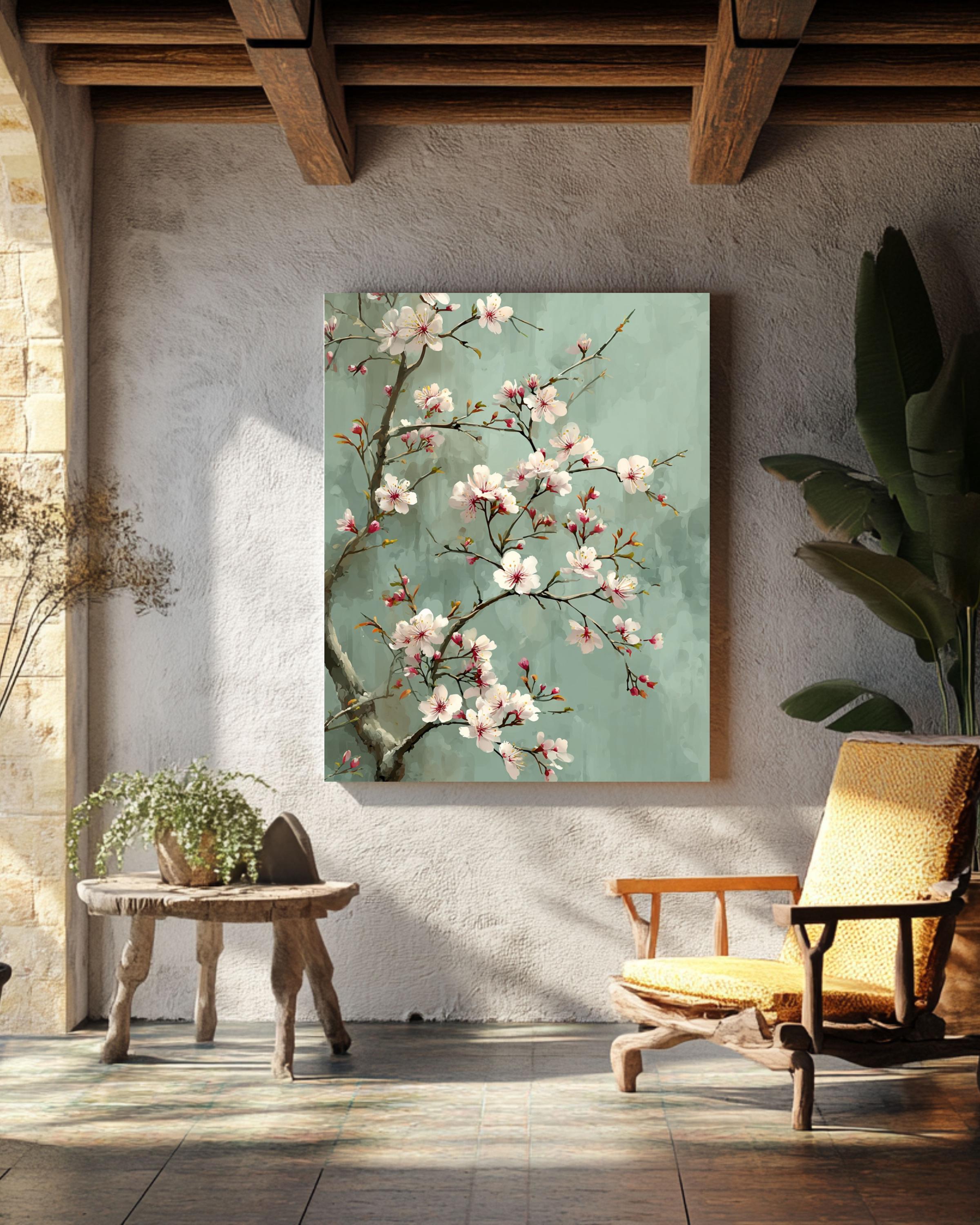 Chinese Style Cherry Blossom Canvas, Sage Green Floral Art - Etsy