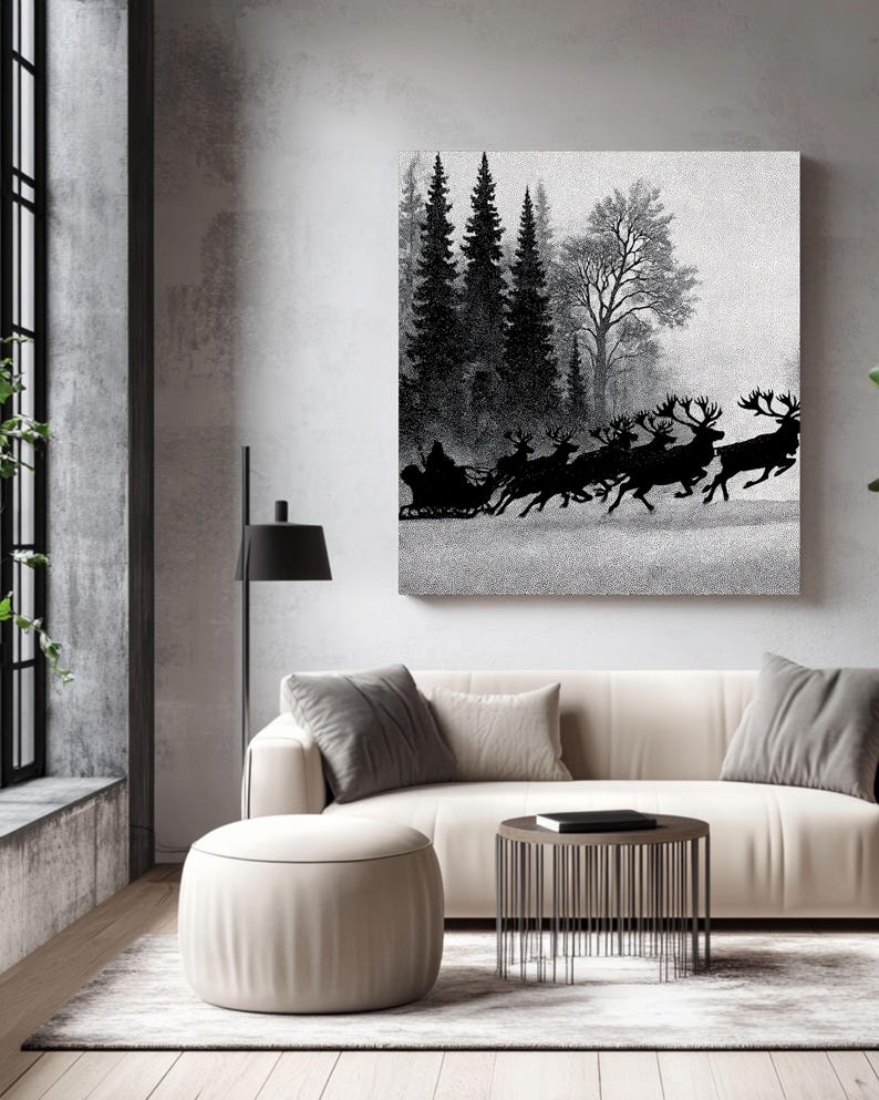 Santa Sleigh Reindeer Stipple Art, Black White Christmas Silhouette ...