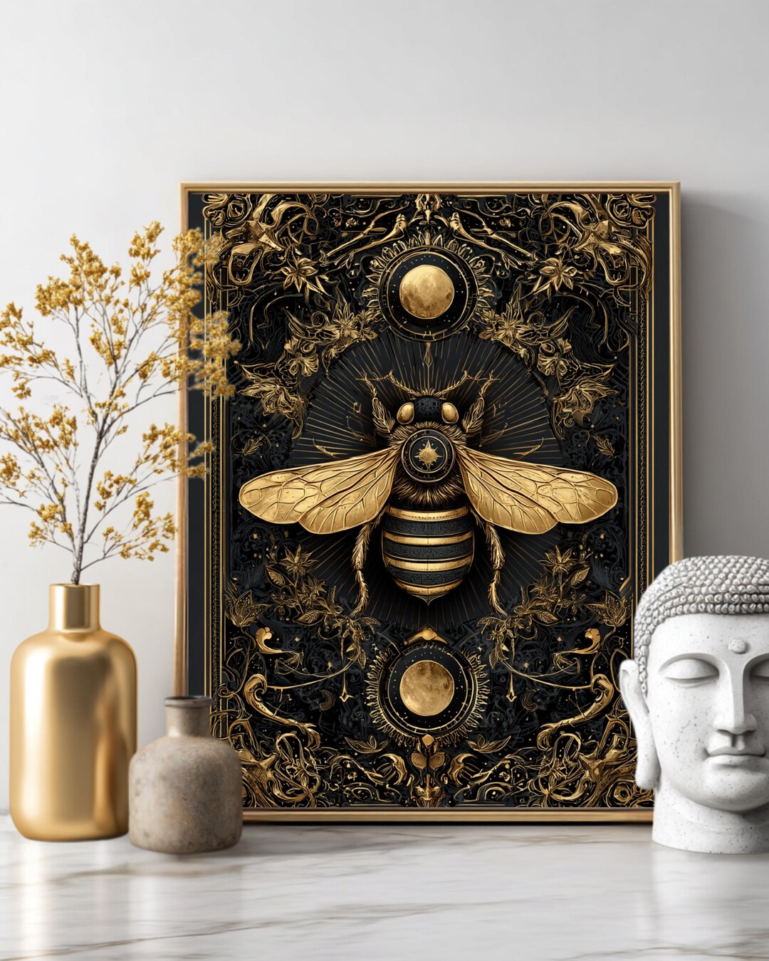 Gilded Golden Bee Gothic Baroque Art Print – Dark Ornate Frame With Skulls, Moons & Mystical ...