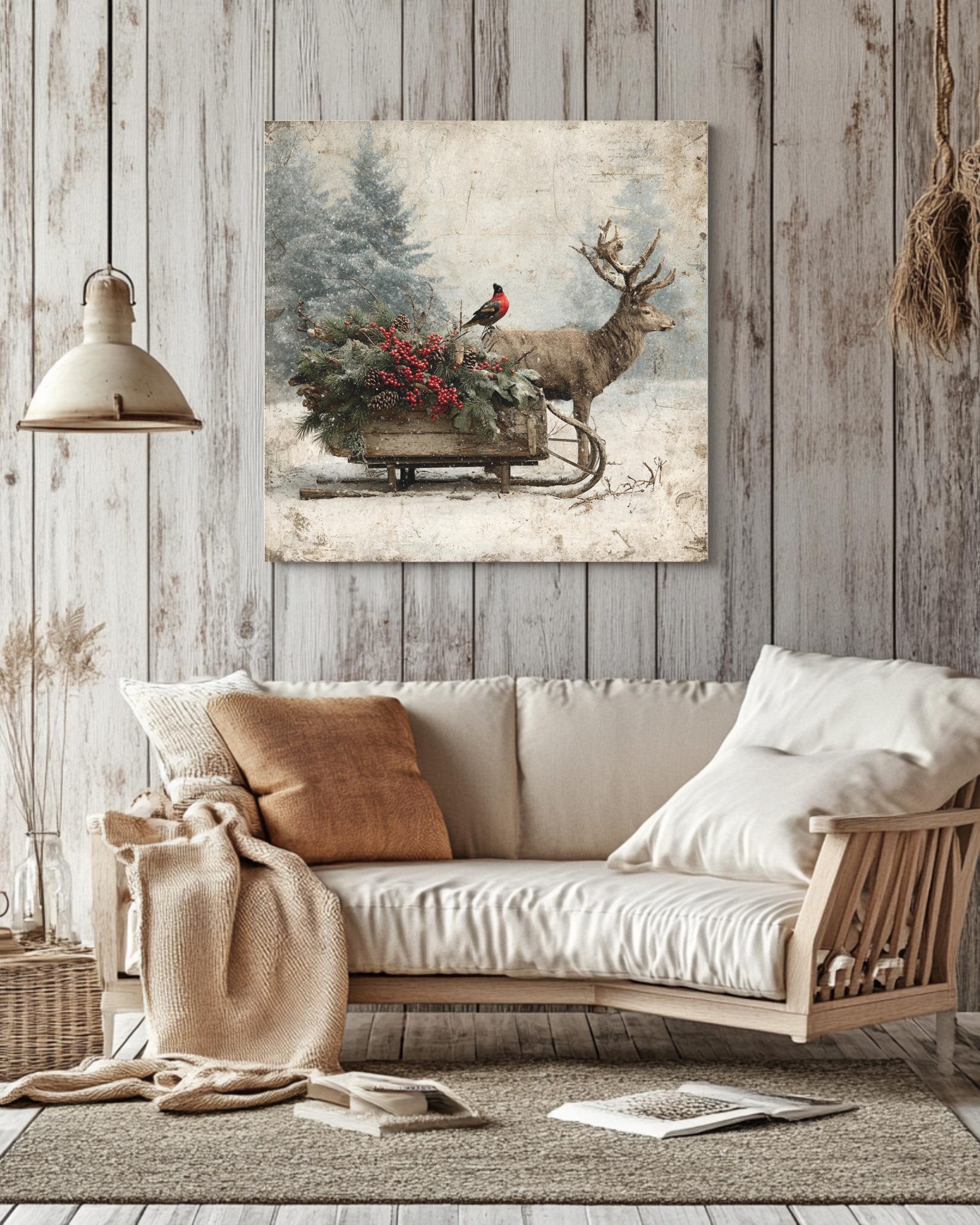 Rustic Winter Deer and Cardinal Wall Art | Vintage Christmas Woodland ...