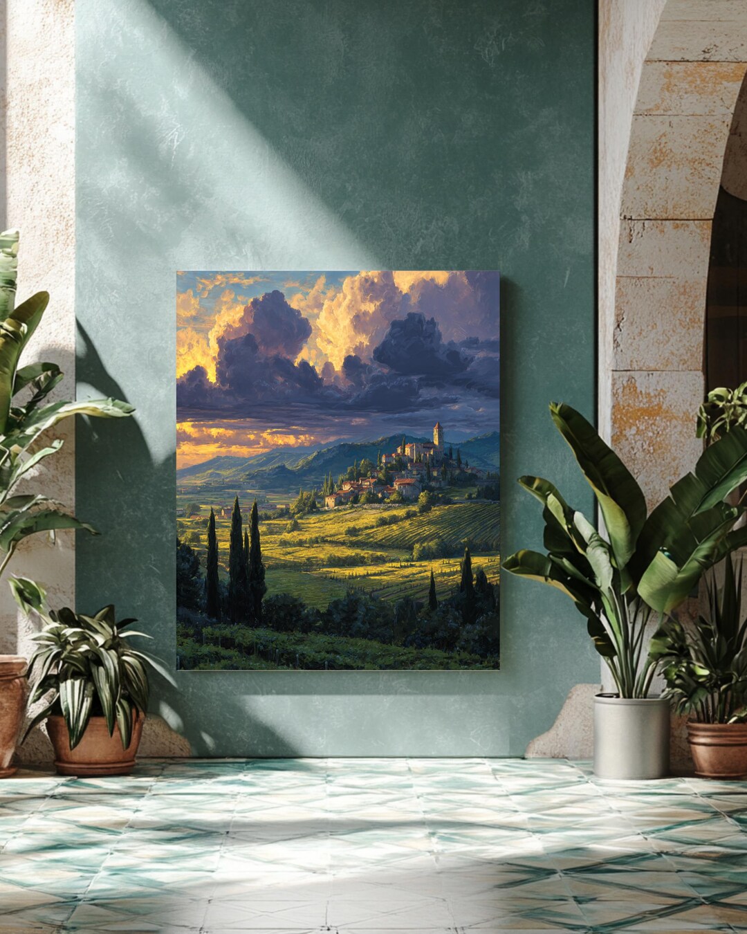 Tuscany Sunset Landscape Wall Art | Golden Hour Countryside Village ...