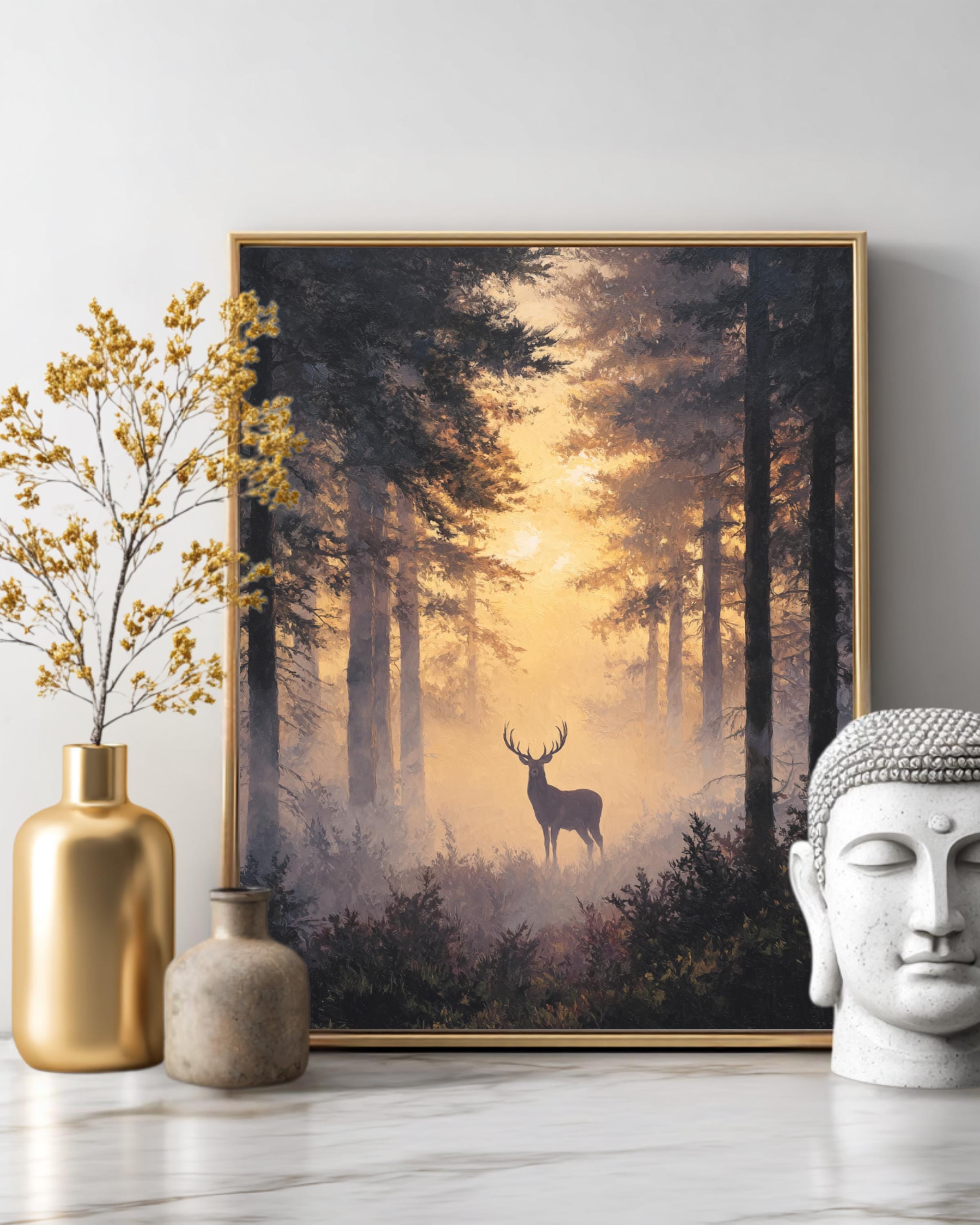 Majestic Stag in Misty Forest Wall Art, Silhouette Among Towering Trees ...