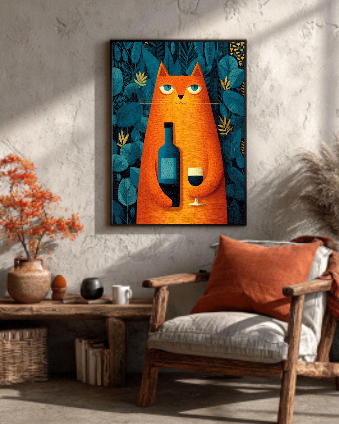 Cat With Wine Wall Art, Retro Bar Cart Poster, Quirky Animal Canvas ...