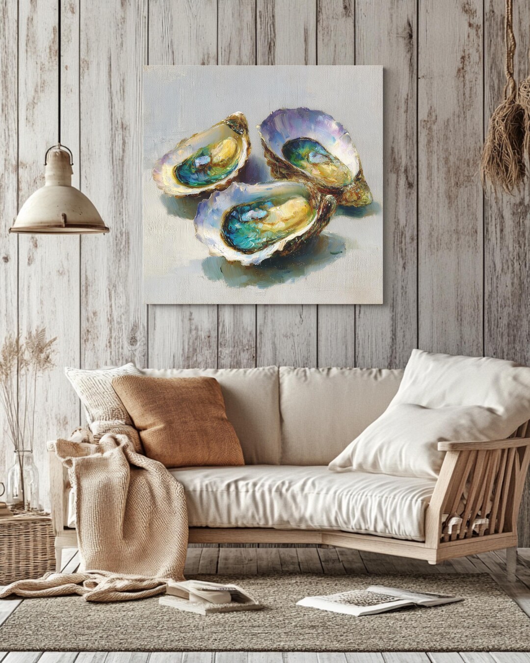 Colorful Oyster Shell Oil Painting, Coastal Beach House Wall Art ...