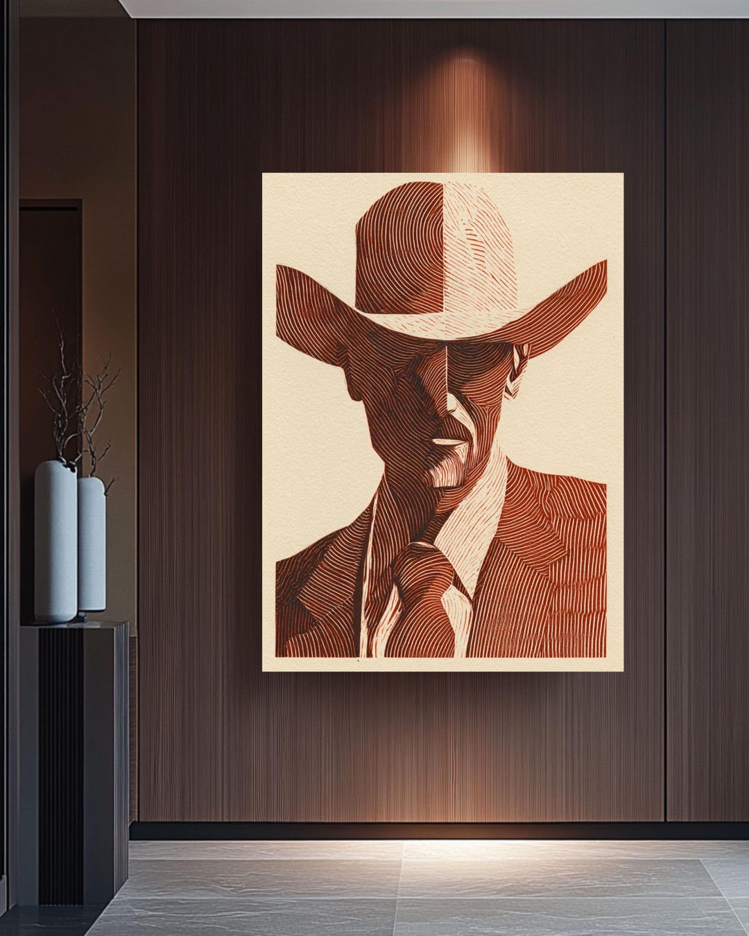 Western Linocut Print, Cowboy Hat Suit Art, Rustic Minimalist Portrait ...