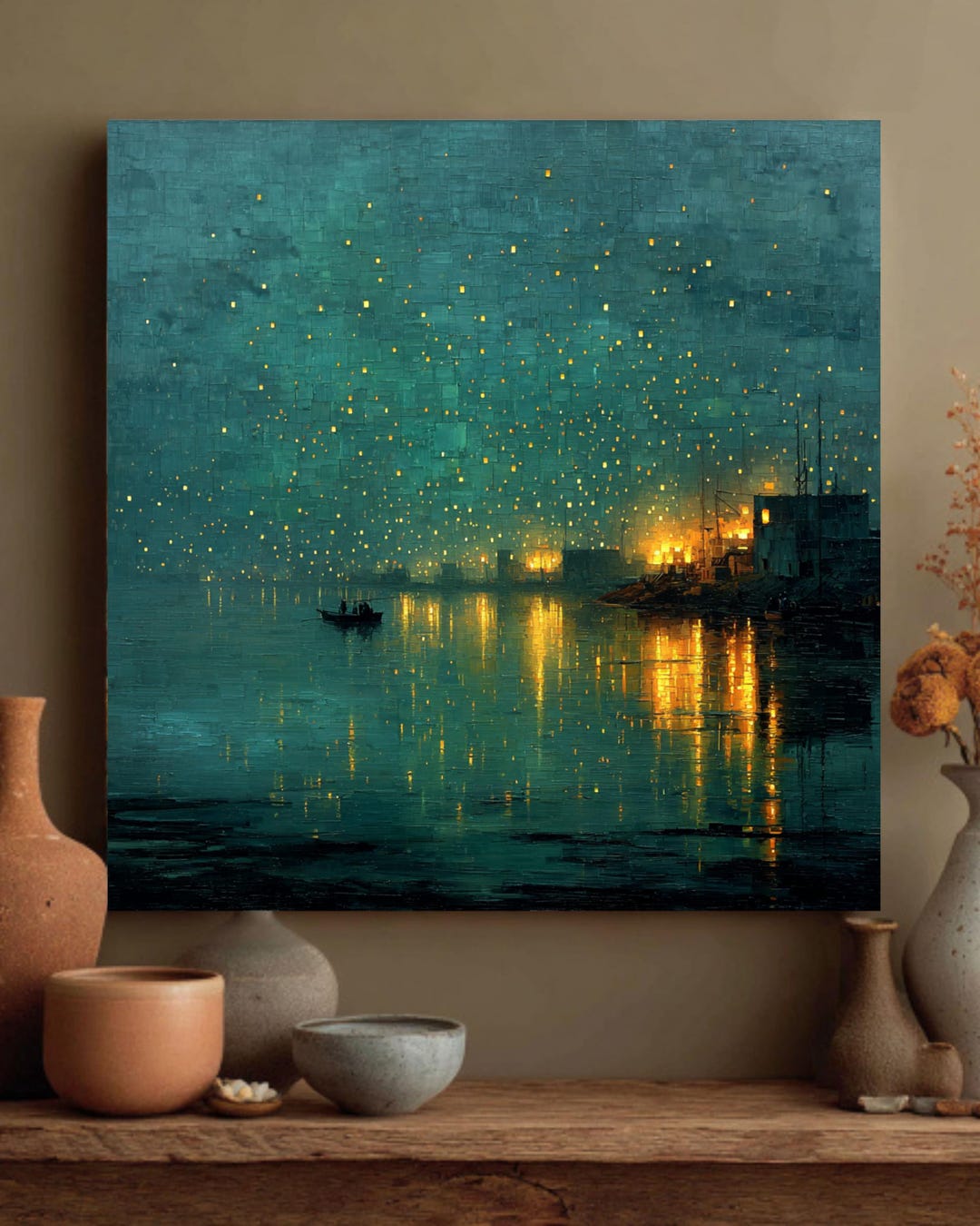 Abstract Night Waterscape Canvas, Dark Teal Green City Lights Painting ...