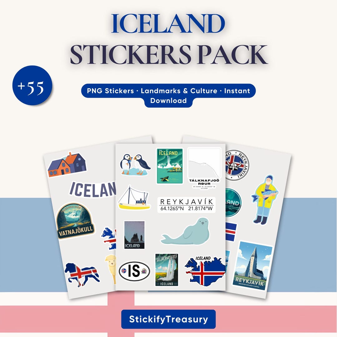 Iceland Sticker Pack | 55+ PNG Travel Stickers | Iceland Landmarks ...