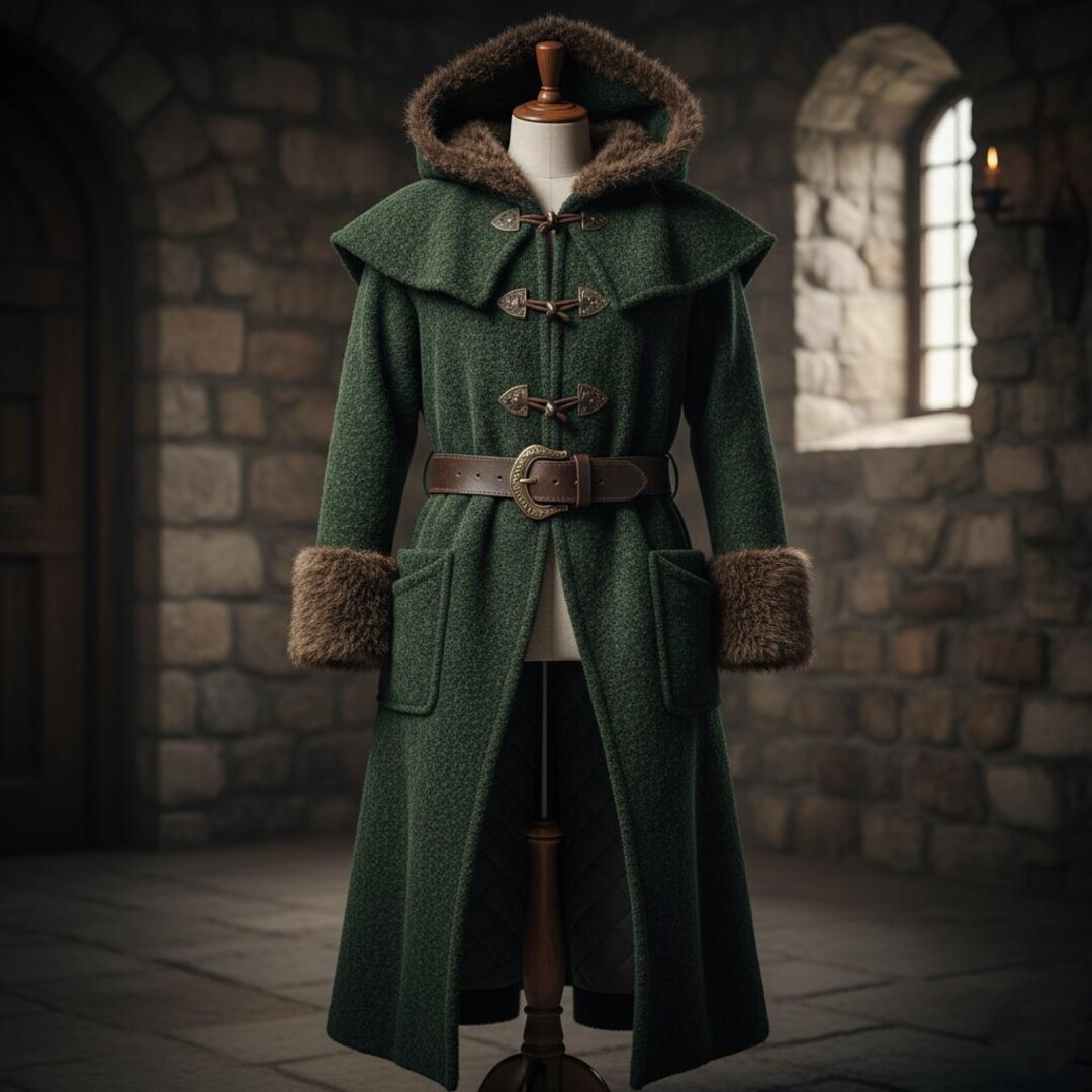 Medieval Green Wool Cloak: Faux Fur Hood, Toggle Belted Overcoat - Etsy