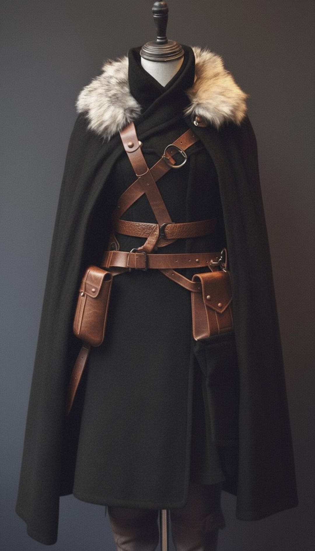 Black Cloaked War-lord Armor | Brown Leather & Fur Trim Fantasy Outfit ...