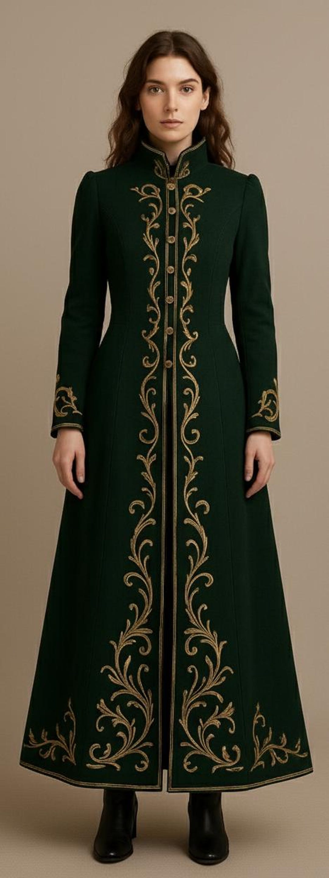 Elegant Forest Green Embroidered Long Coat | Gothic Fantasy Women’s ...