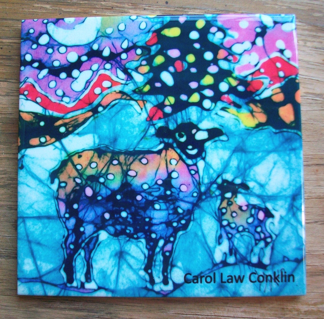 Ewe and Lamb Trivet - Sheep and Lamb With Christmas Tree - Tile With ...