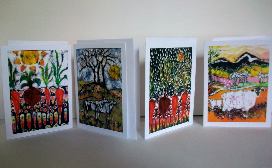 Farm and Garden Cards - Sheep, Cows, Vegetables, Sun, Rain - 4 Blank ...
