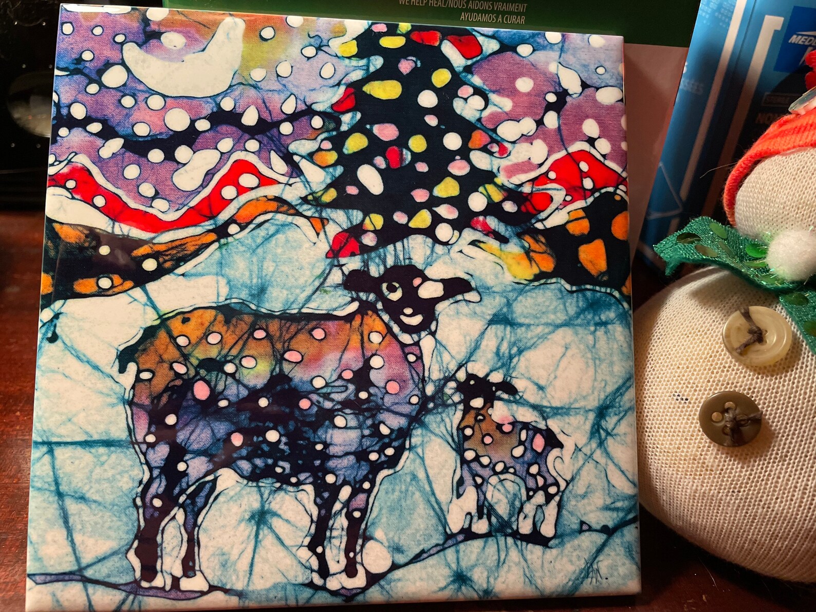 Ewe and Lamb Trivet - Sheep and Lamb With Christmas Tree - Tile With ...