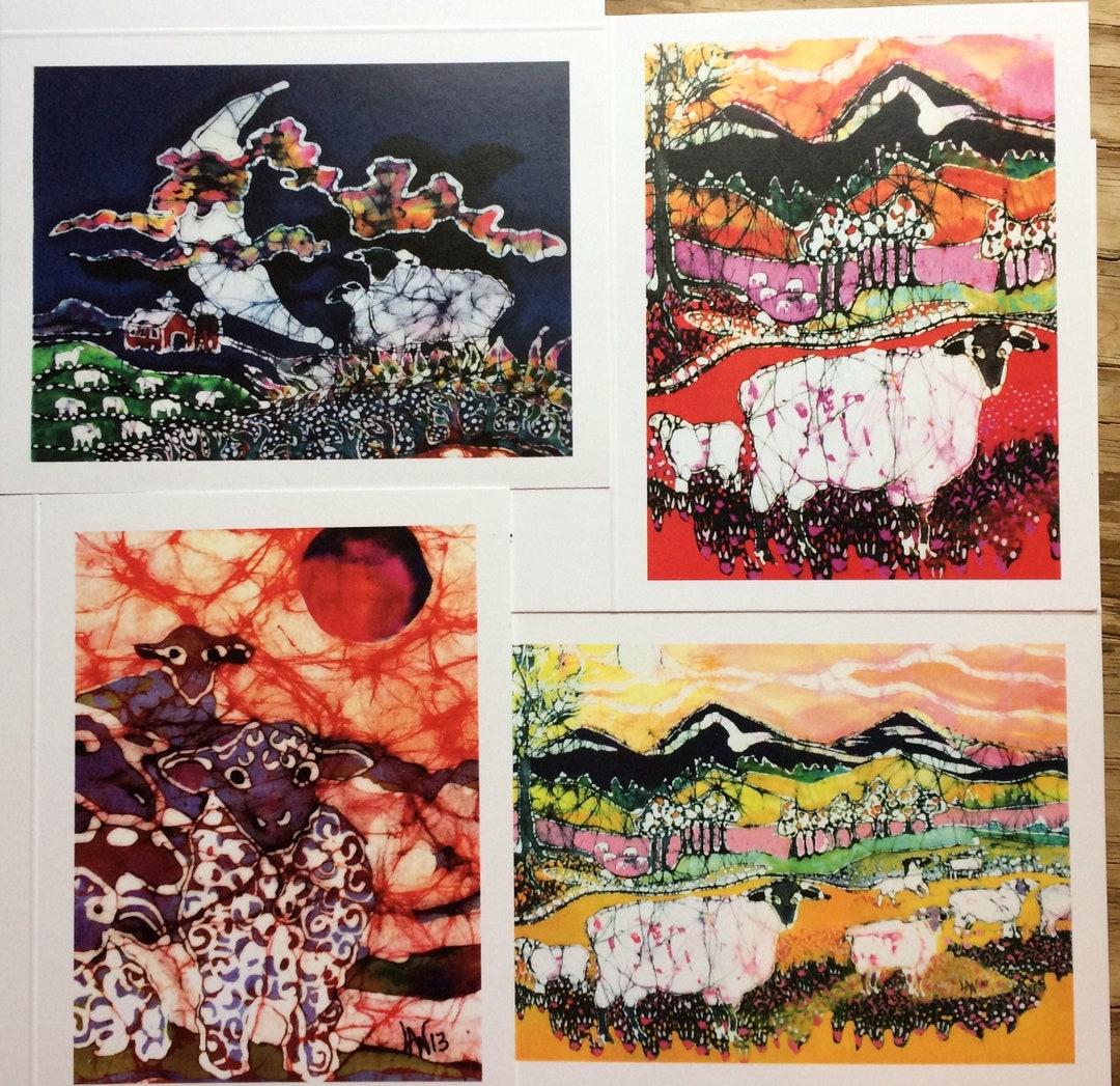 Sheep Batik Cards Set - Sunshine and Midnight - Set of Four Blank Cards ...