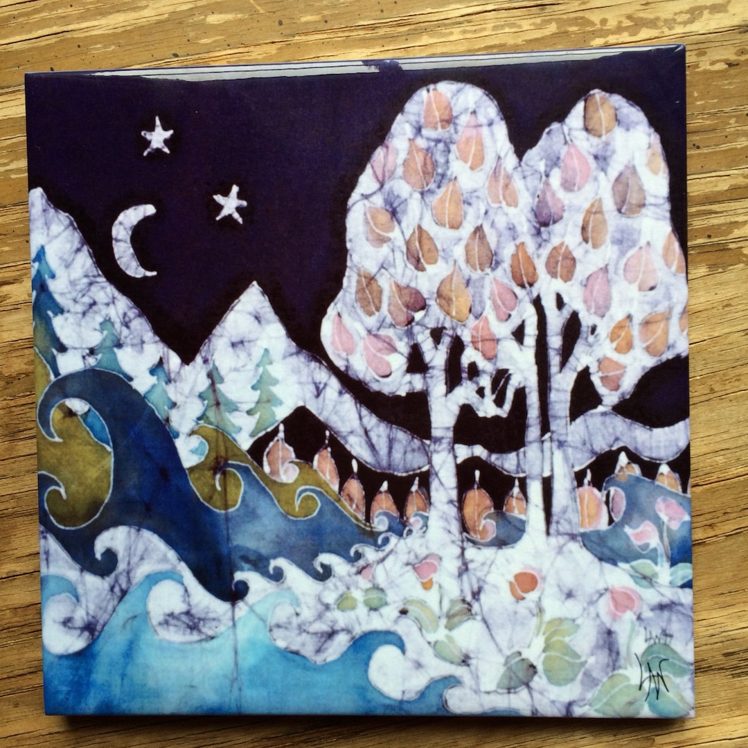 Batik Landscape Ceramic Trivet: Fantasy Home Decor (6x6 Inches) - Etsy