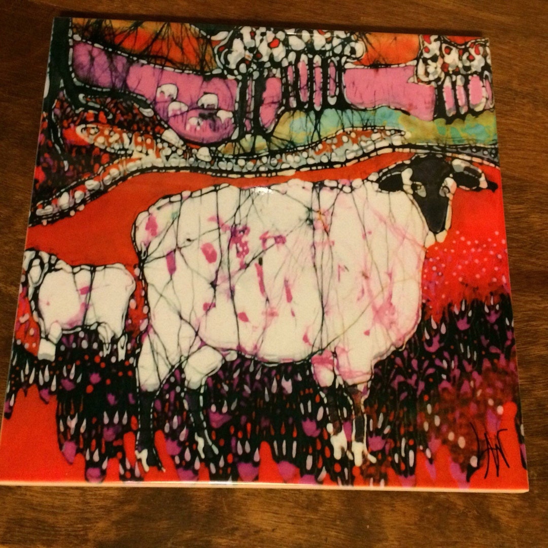 Batik Sheep Trivet: 6" Ceramic Tile, Farmhouse Kitchen Decor - Etsy