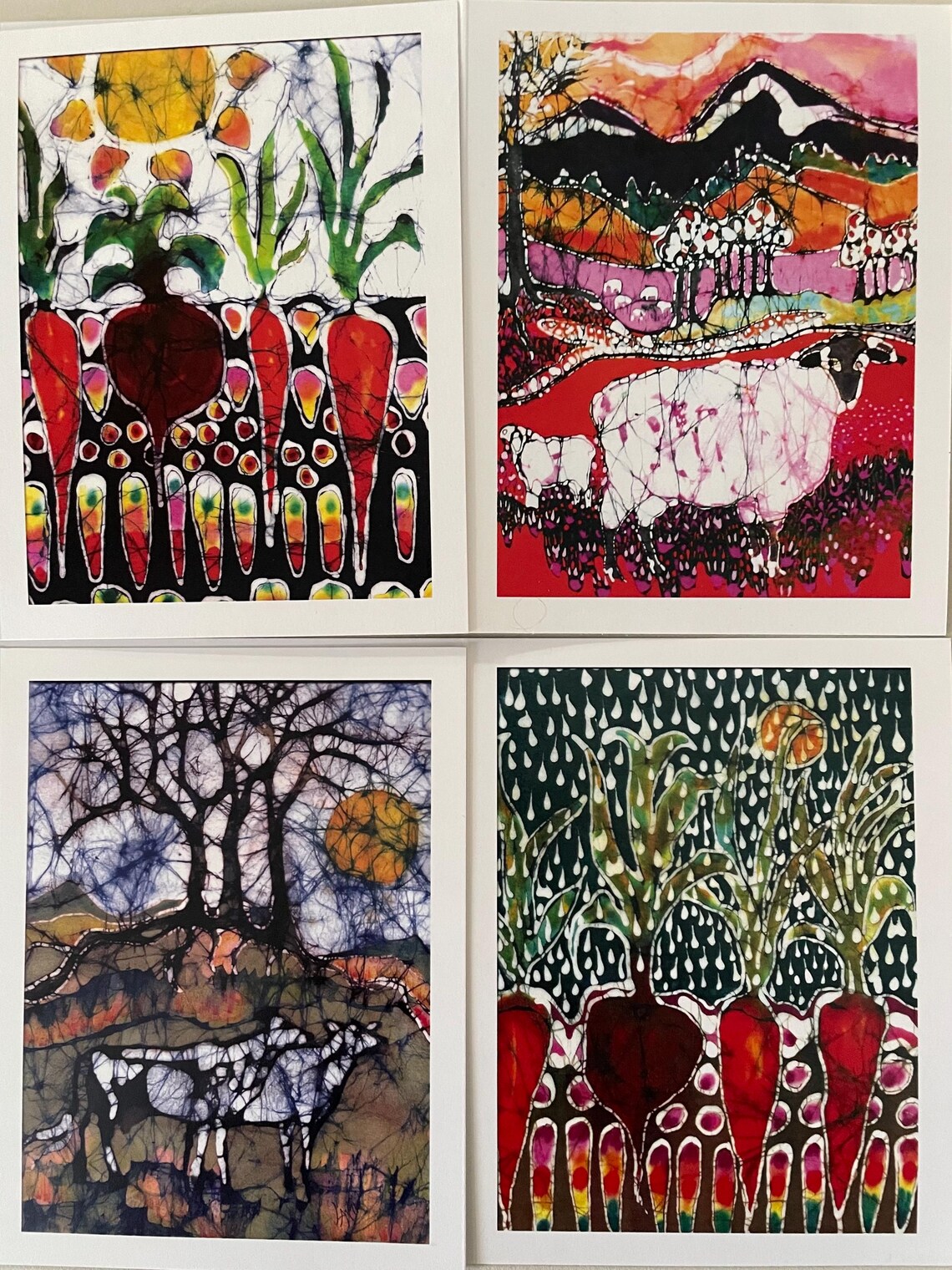 Farm and Garden Cards - Sheep, Cows, Vegetables, Sun, Rain - 4 Blank ...