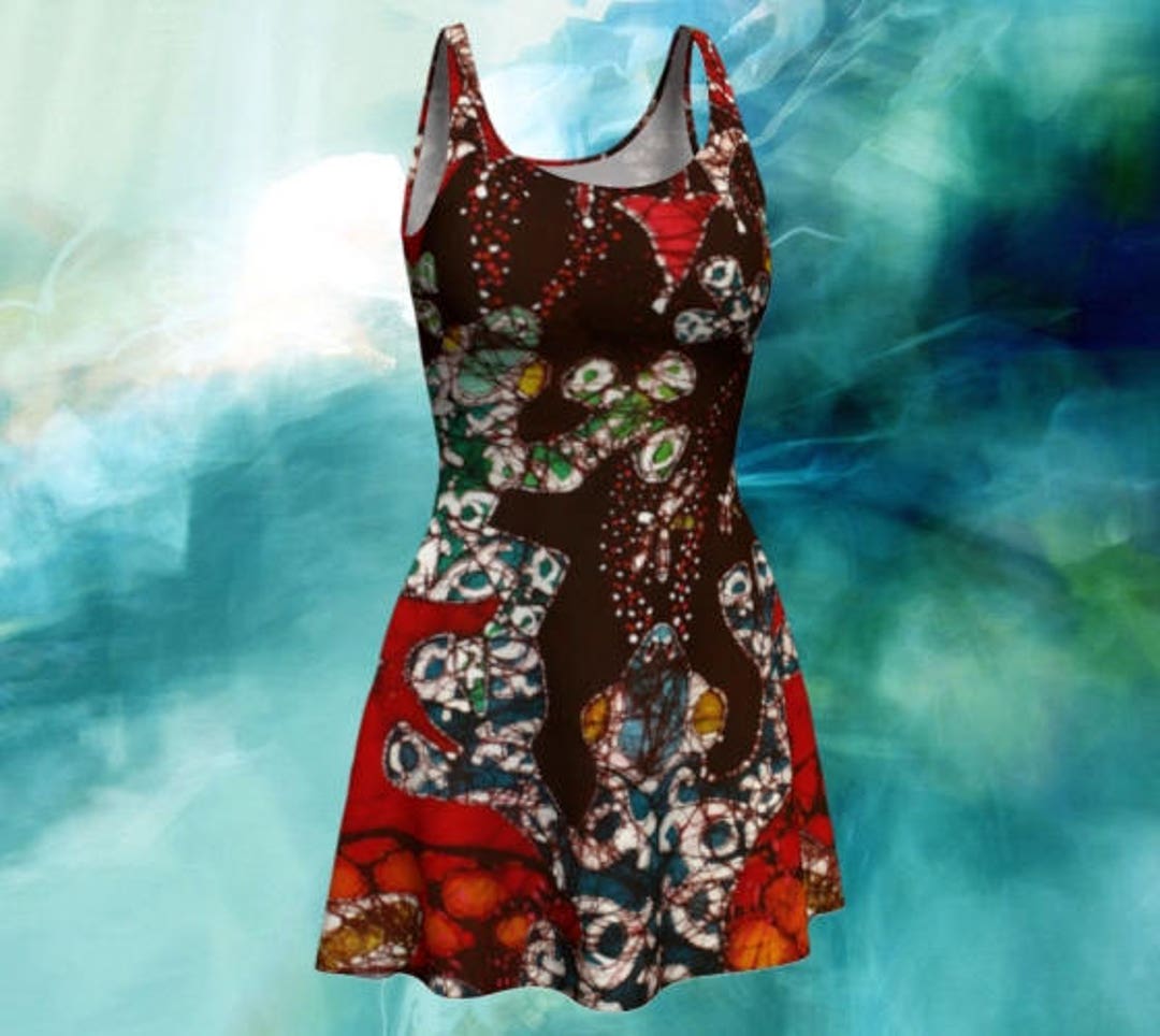 Ancient Frogs Batik Dress Fit and Flare Dress Magic Frogs Rising Batik ...