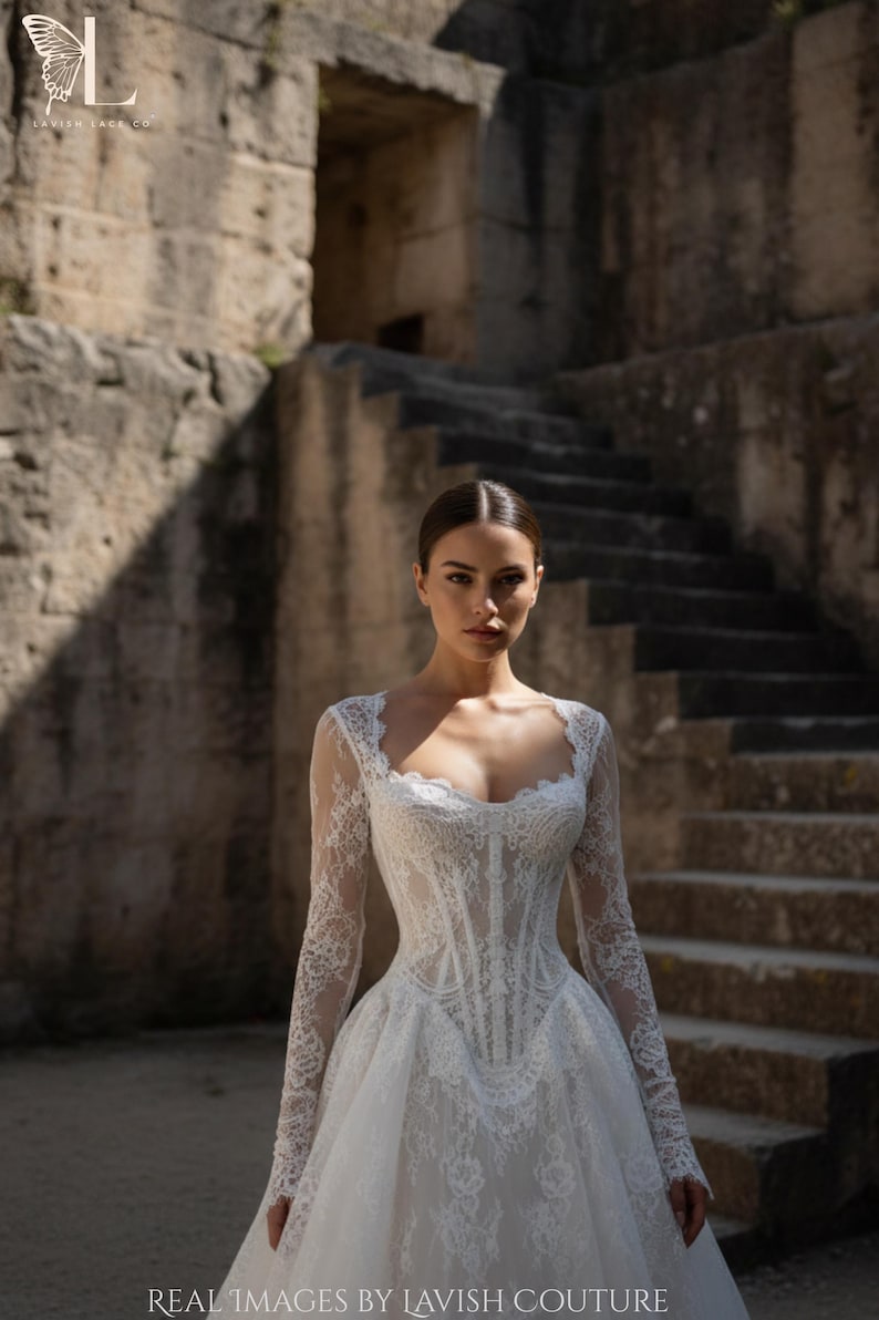Couture Corset Lace Wedding Dress With Basque Waist & Bolero Jacket ...