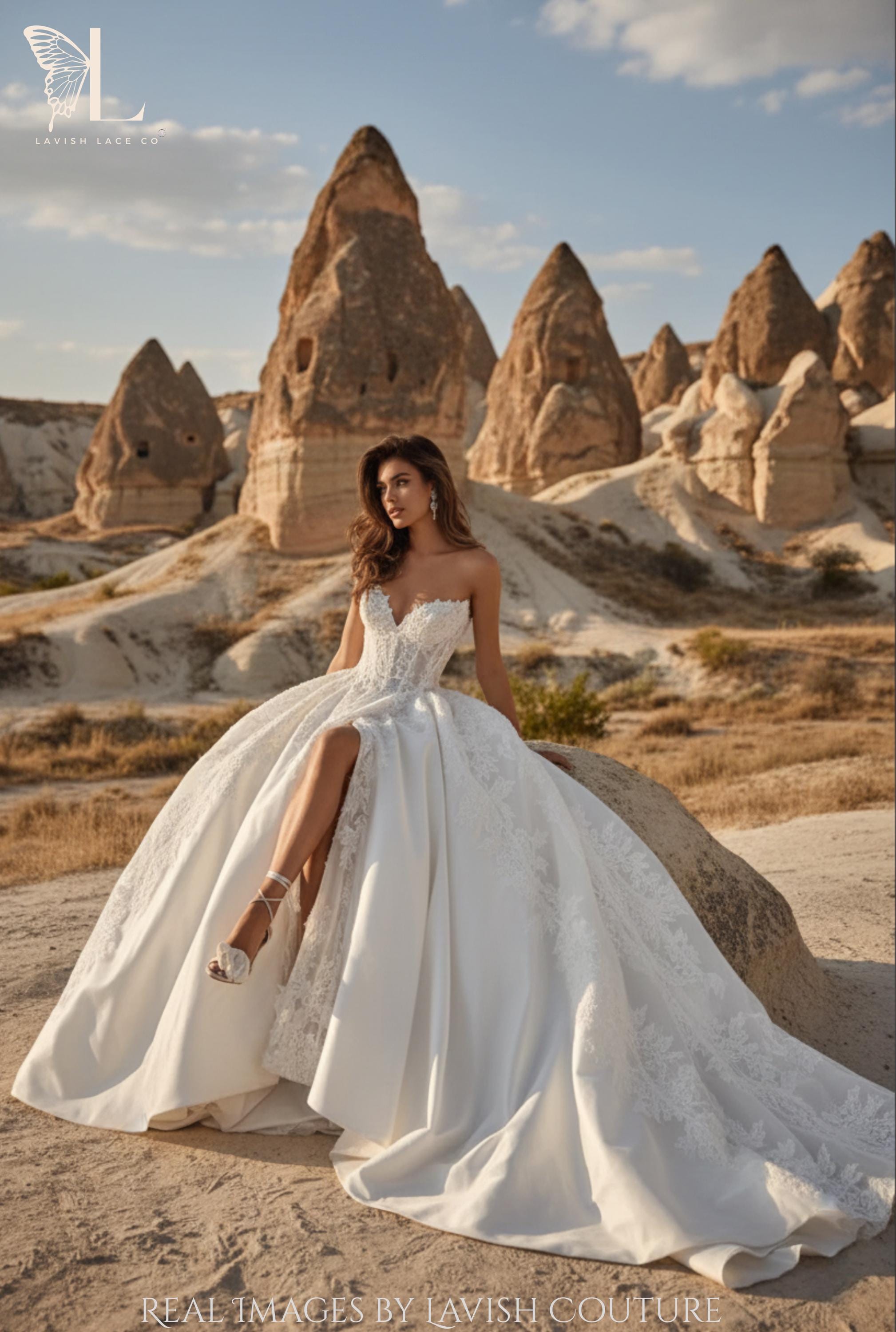 Lace Basque Corset Wedding Dress With High Slit | Strapless Victorian ...