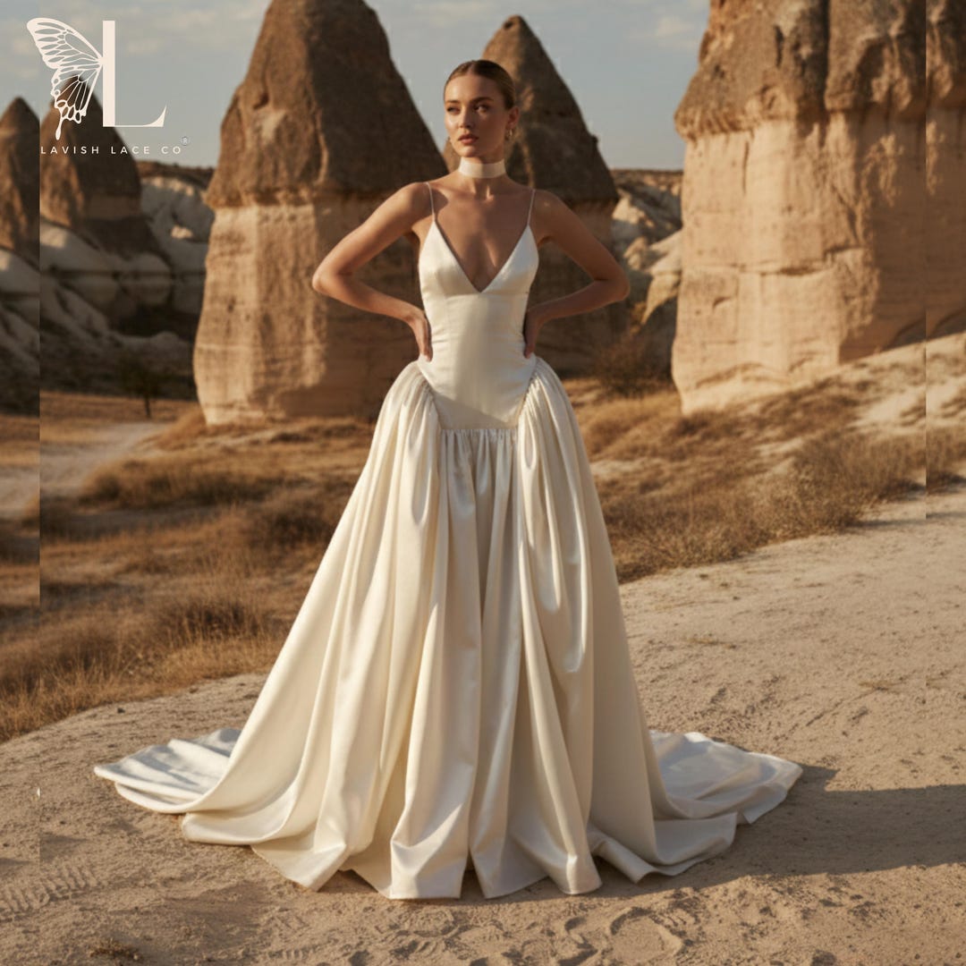 Basque Waist Satin Wedding Dress, Sculptural Corset Ball Gown, Modern ...