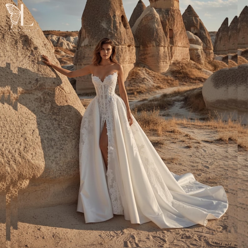 Lace Basque Corset Wedding Dress With High Slit | Strapless Victorian ...