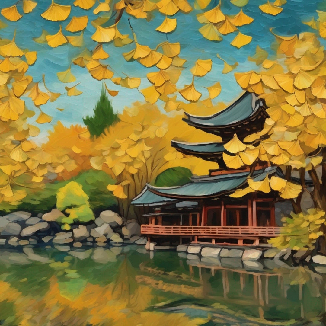 Gingko Tree and Japanese Temple. Printable Wall Art, Digital Art - Etsy
