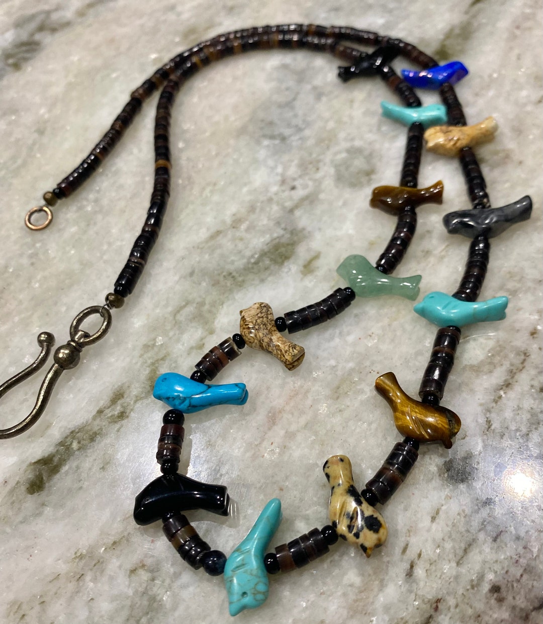 Zuni Design Long Necklace of Black Heishi Shell and Semi Precious Birds ...