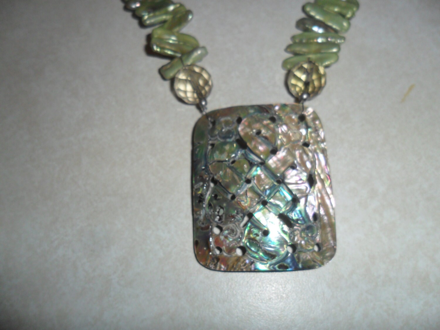 Abalone Shell Pendant and Pistachio Fresh Water Stick Pearls Handmade ...