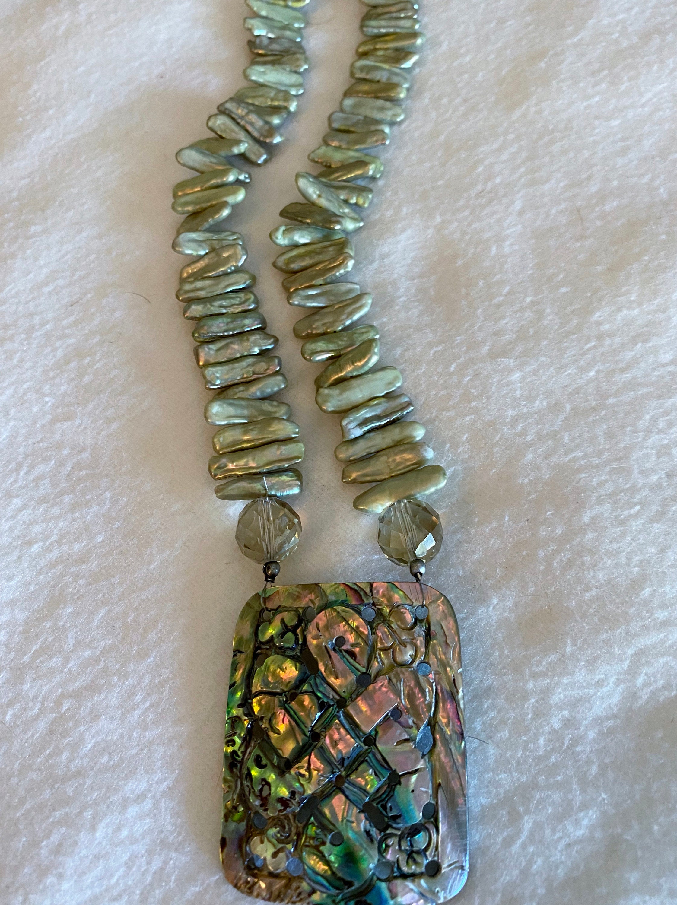 Abalone Shell Pendant and Pistachio Fresh Water Stick Pearls Handmade ...