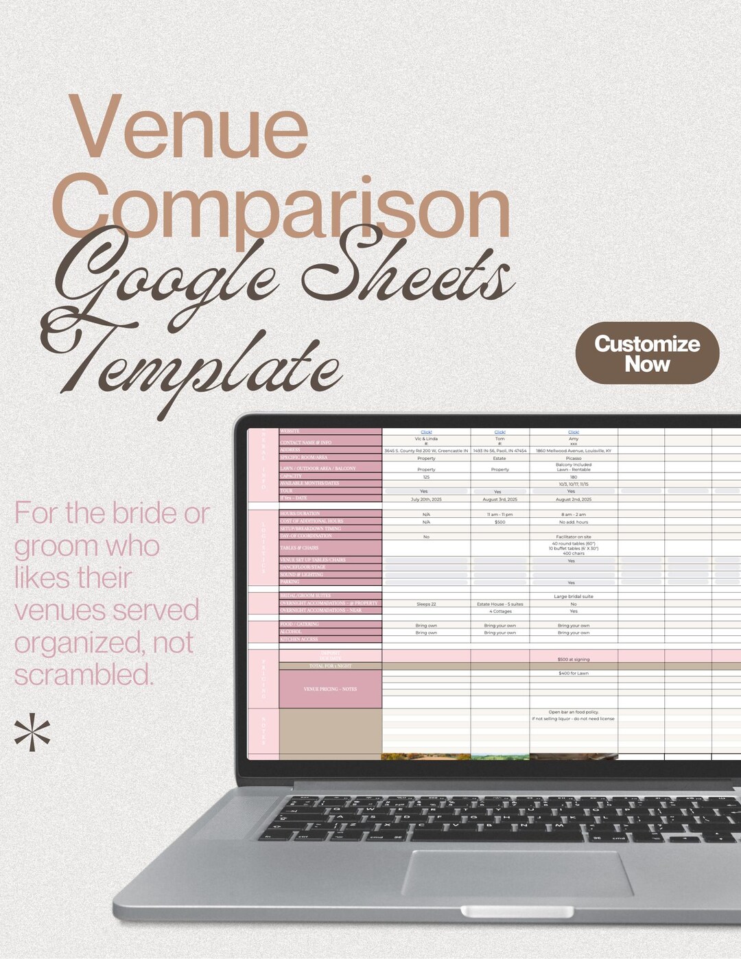 Wedding Venue Comparison Chart - Etsy