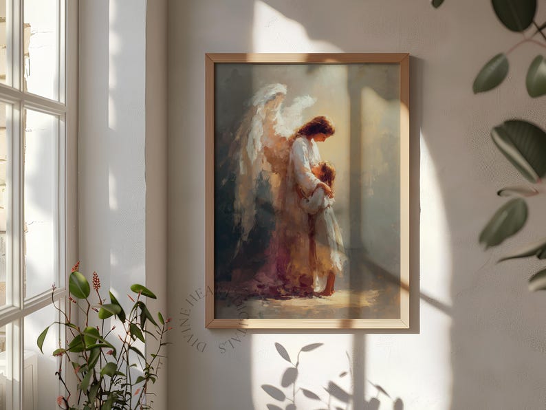 Guardian Angel Embracing Child Digital Wall Art Oil Painting Christian ...
