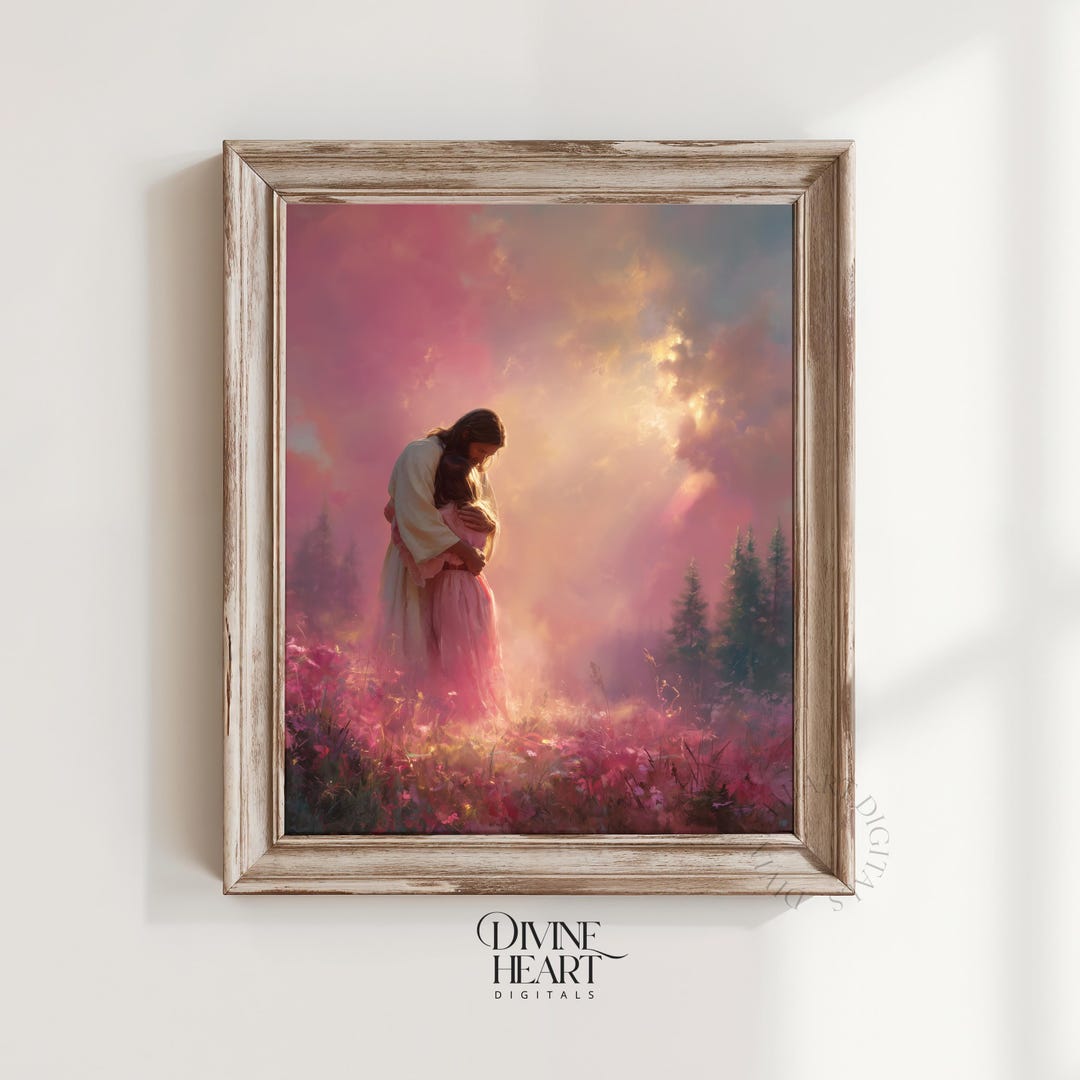 Christian Wall Art - Jesus Embracing Girl, Pink Sky Painting, Modern ...
