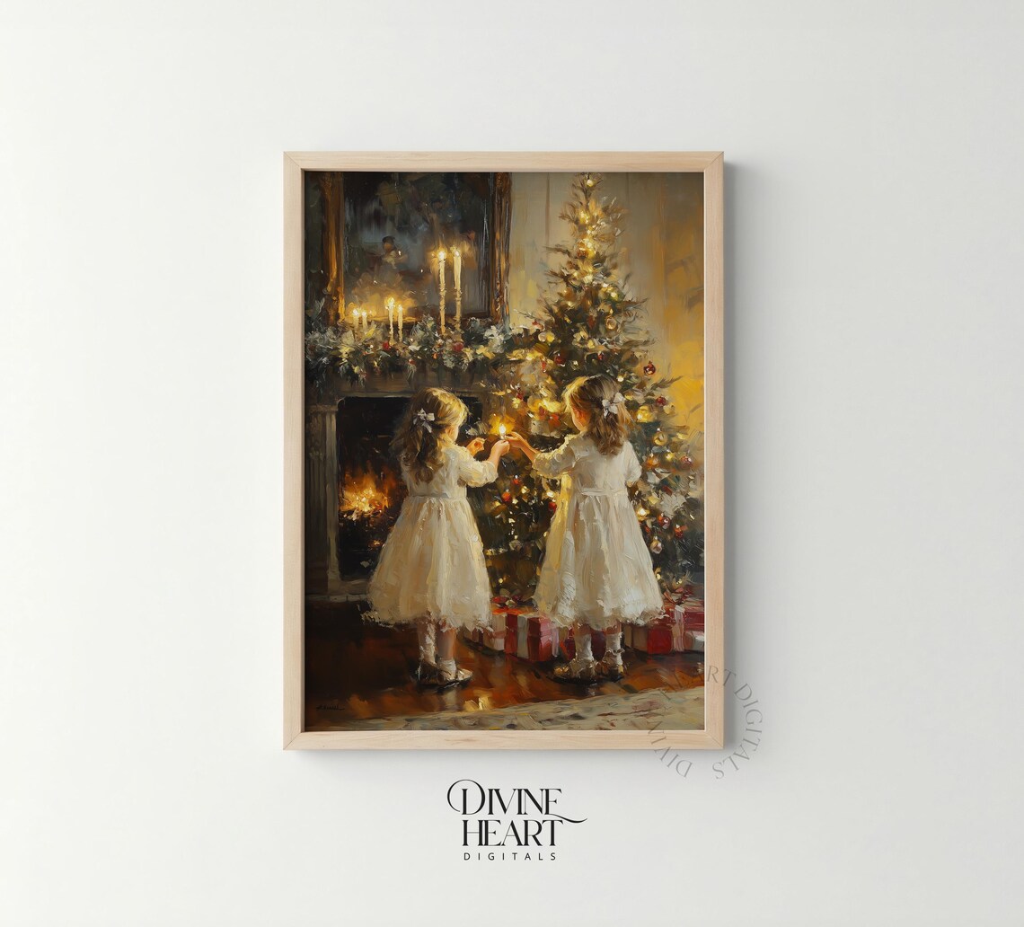Vintage Christmas Tree Gathering - Classic Holiday Painting, Girls in ...