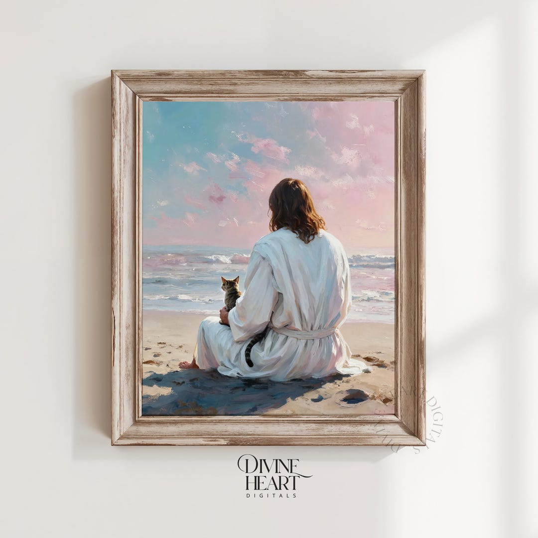 Christian Wall Art - Jesus With Gray Cat on Beach, Modern Religious ...