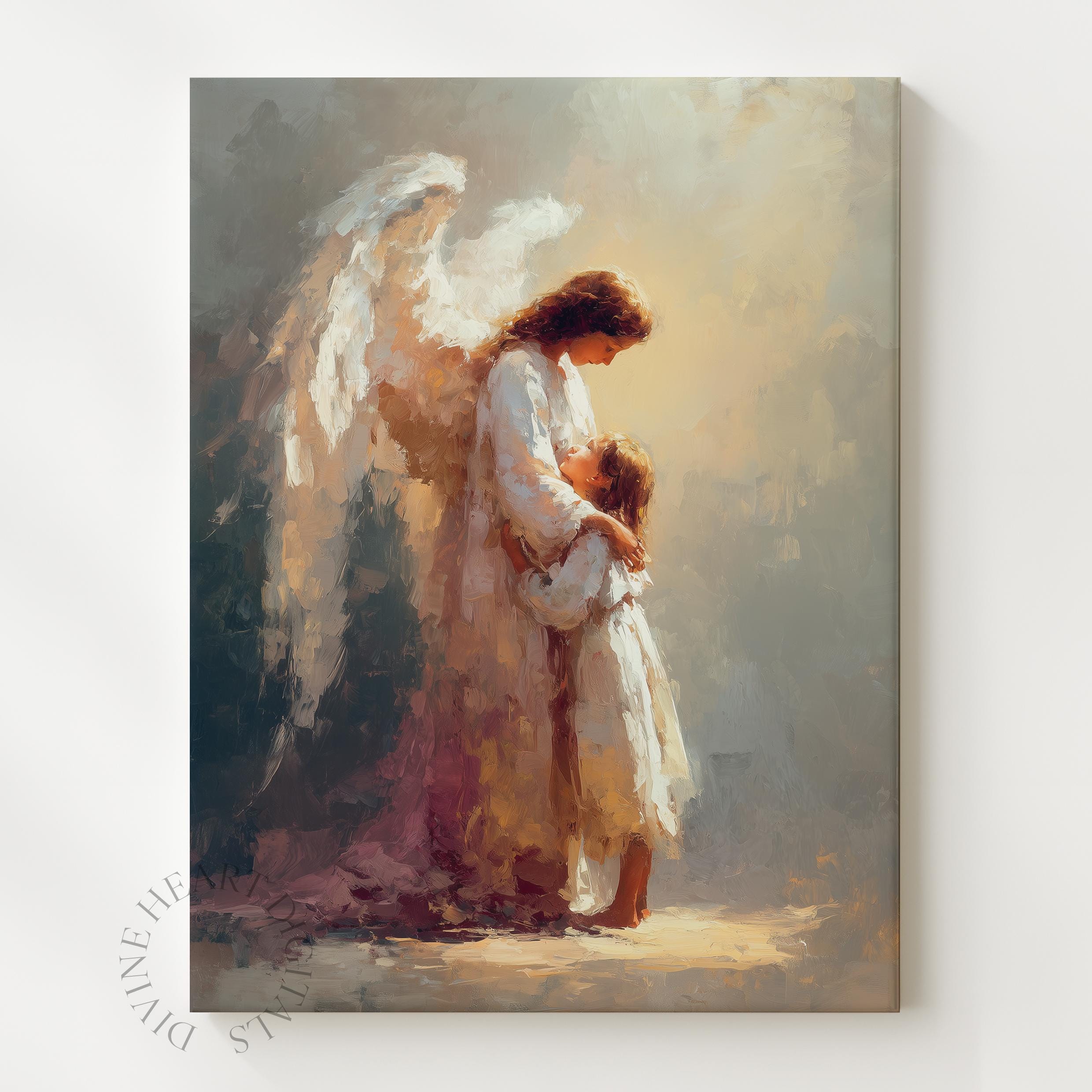 Guardian Angel Embracing Child Digital Wall Art Oil Painting Christian ...