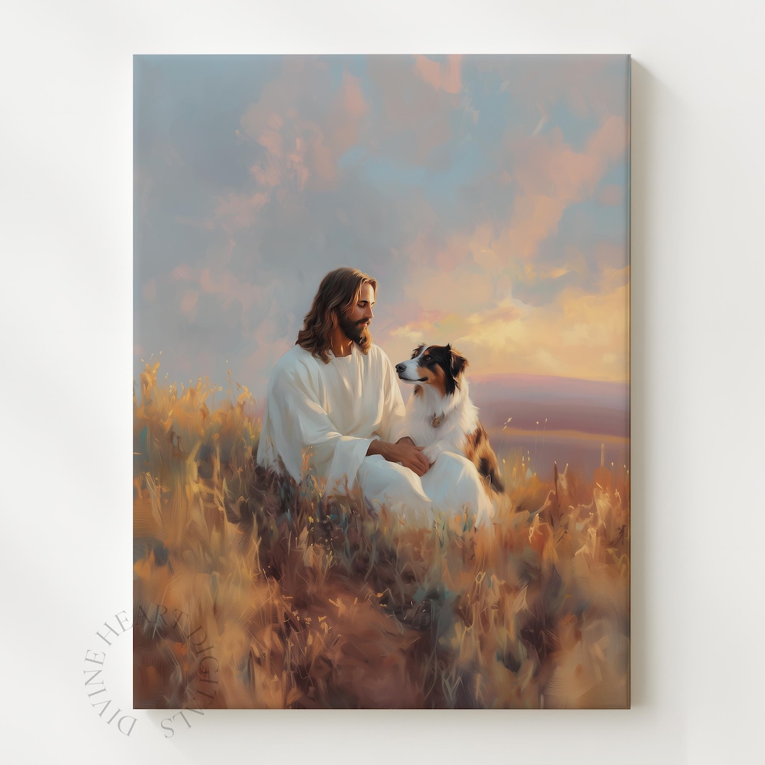 Jesus With Dog in Pastel Field - Serene Spiritual Printable Wall Art ...