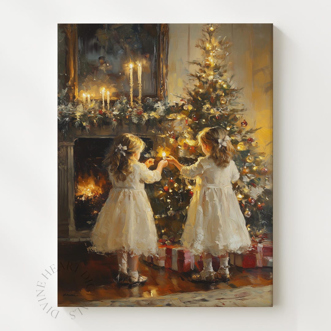 Vintage Christmas Tree Gathering - Classic Holiday Painting, Girls in ...