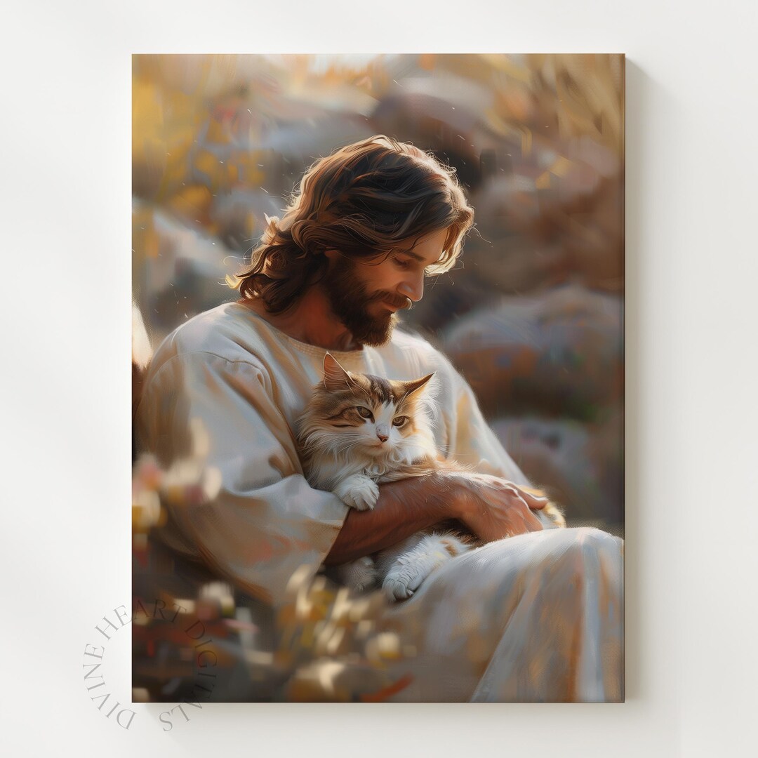 Jesus Holding a Ginger Tabby Cat - Printable Spiritual Wall Art, Tender ...