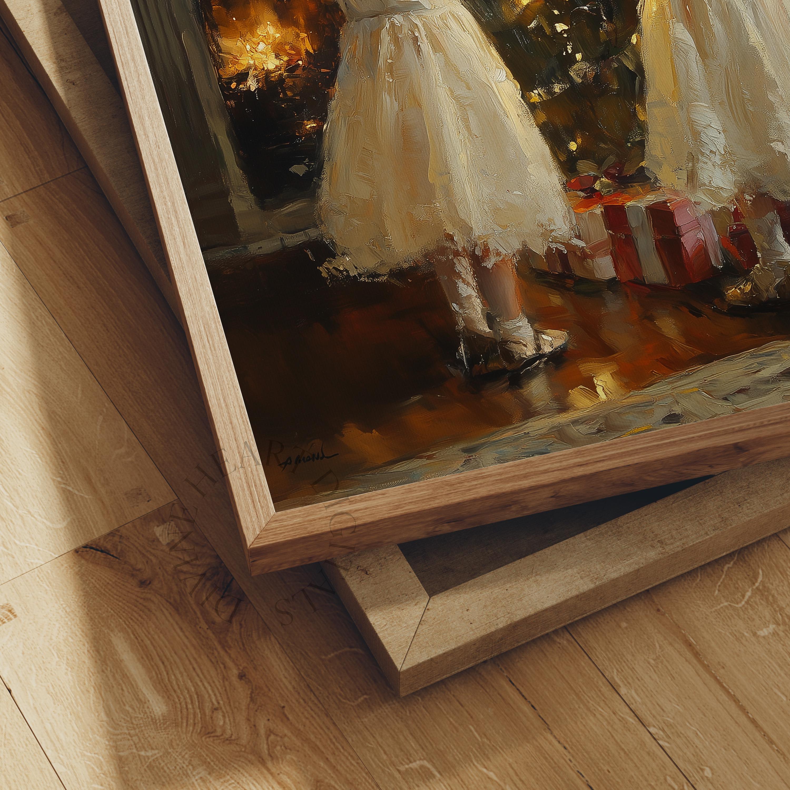 Vintage Christmas Tree Gathering - Classic Holiday Painting, Girls in ...