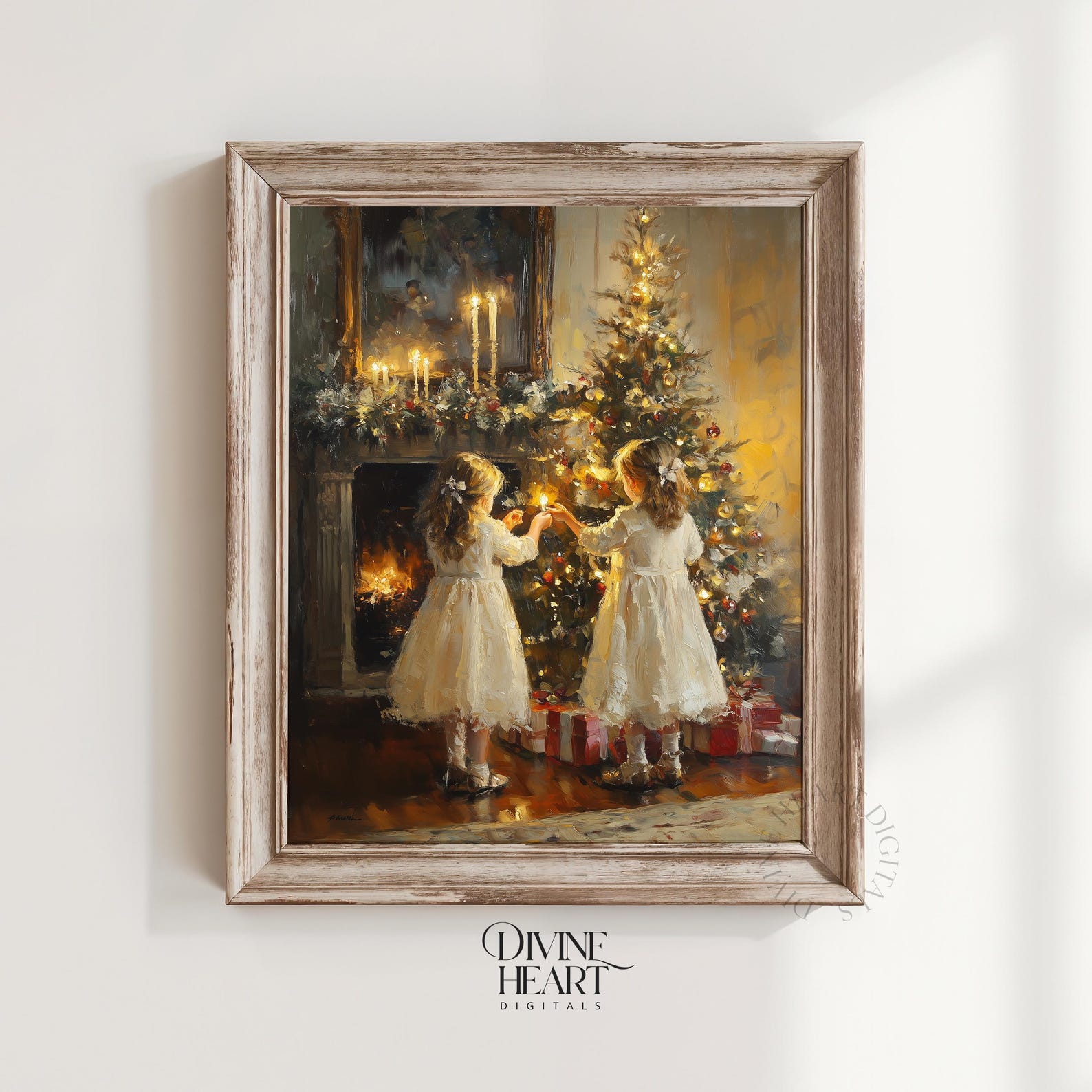 Vintage Christmas Tree Gathering - Classic Holiday Painting, Girls in ...