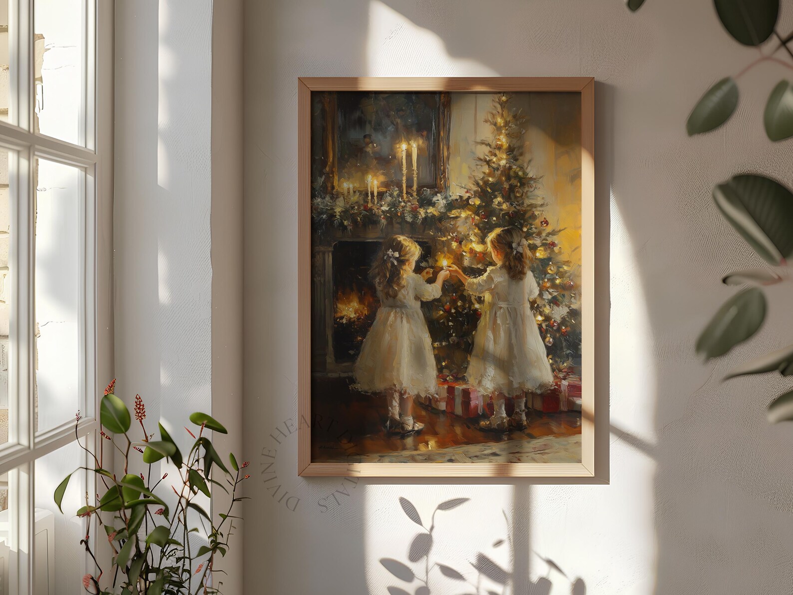 Vintage Christmas Tree Gathering - Classic Holiday Painting, Girls in ...