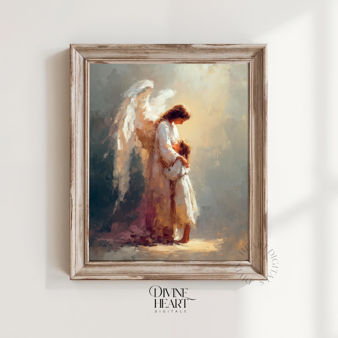 Guardian Angel Embracing Child Digital Wall Art Oil Painting Christian ...