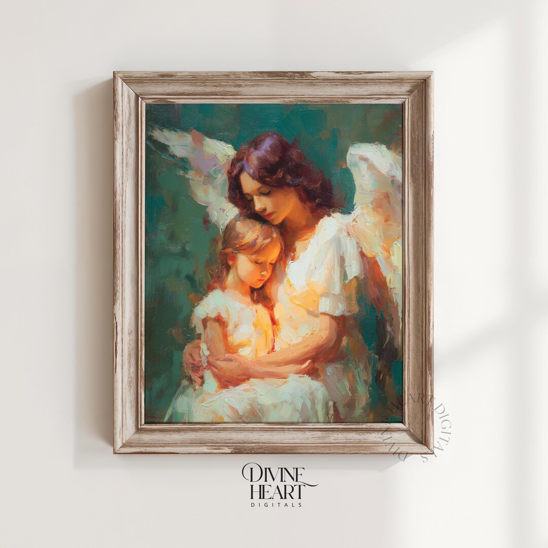 Guardian Angel Embracing Child Digital Wall Art Oil Painting Spiritual ...