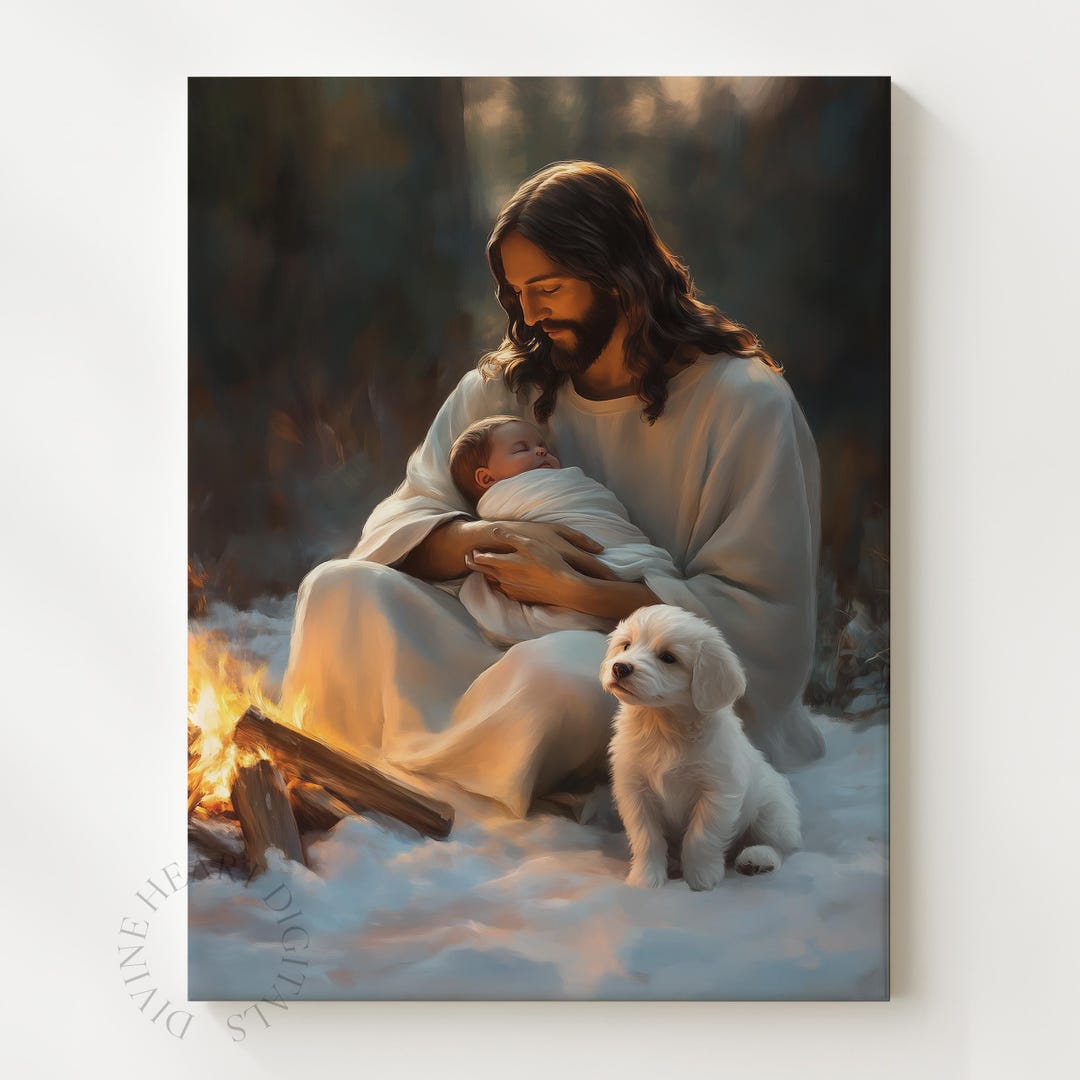 Jesus Holding Baby With Puppy - Serene Spiritual Winter Scene, Peaceful ...