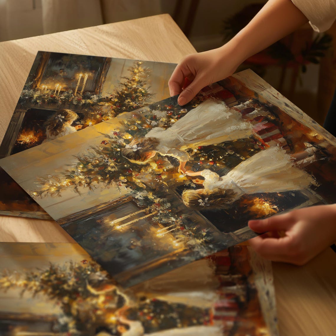 Vintage Christmas Tree Gathering - Classic Holiday Painting, Girls in ...