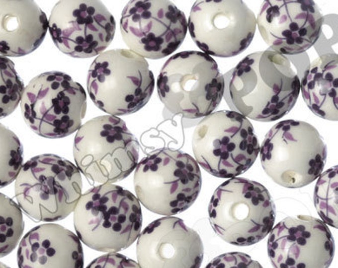 12mm Purple Floral Porcelain Round Beads, Porcelain Beads, Flower ...