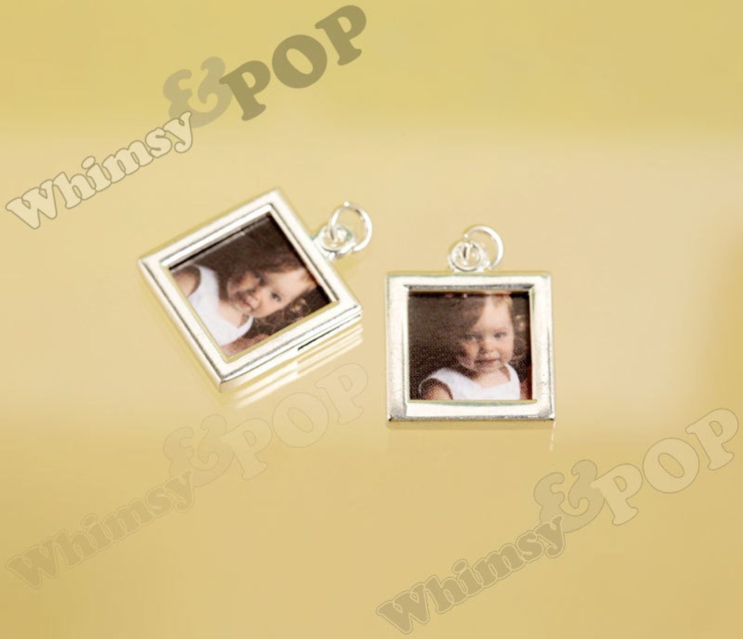 Silver Double-sided Square Photo Charm, Cube Photo Frame Pendant ...