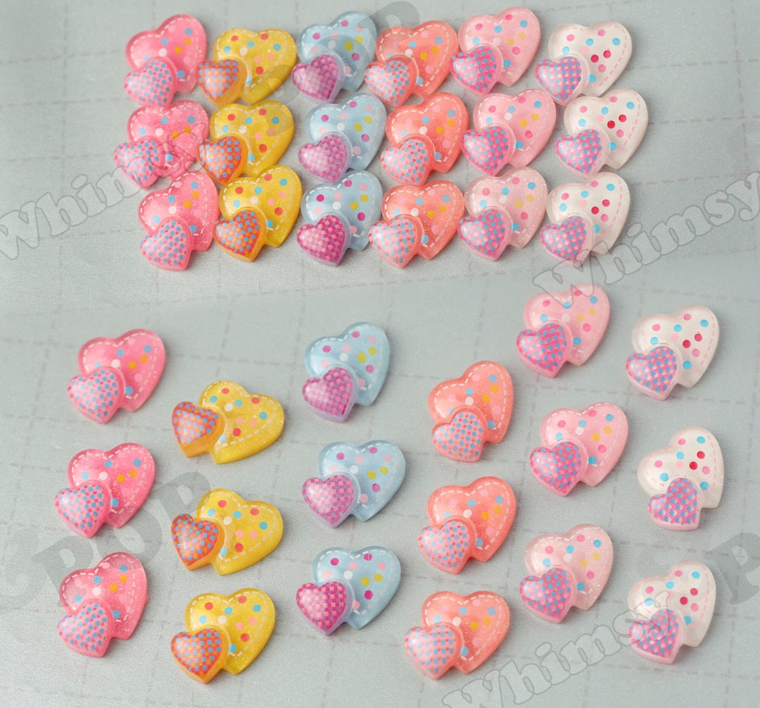 Kawaii Heart Flatback Cabochons, Resin Hearts, Plaid and Polkadot Heart ...